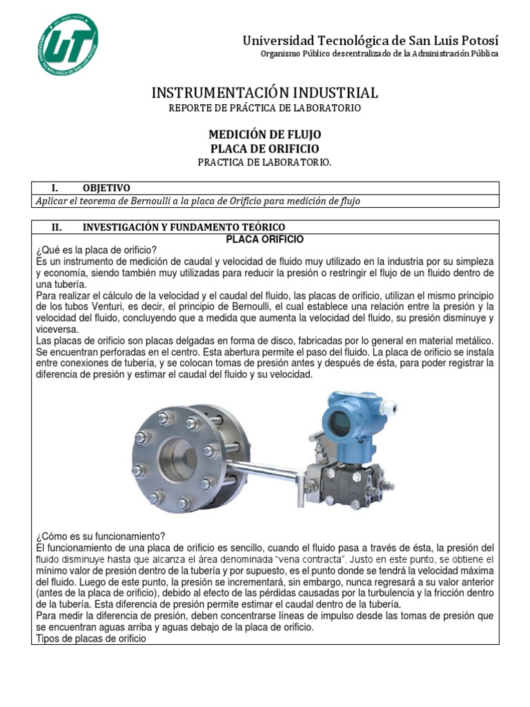 Medición de flujo a través de una placa de orificio: Reporte de práctica de laboratorio | PDF ...