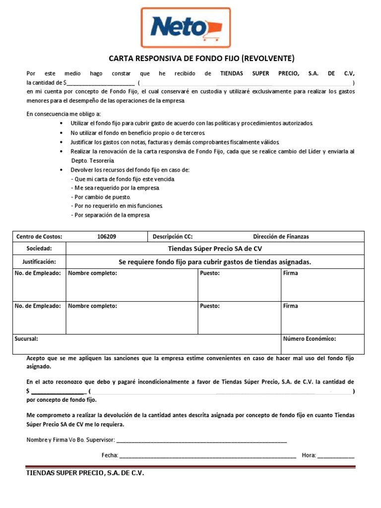 Formato Carta Responsiva Fondo Fijo 2020 | PDF | Economias