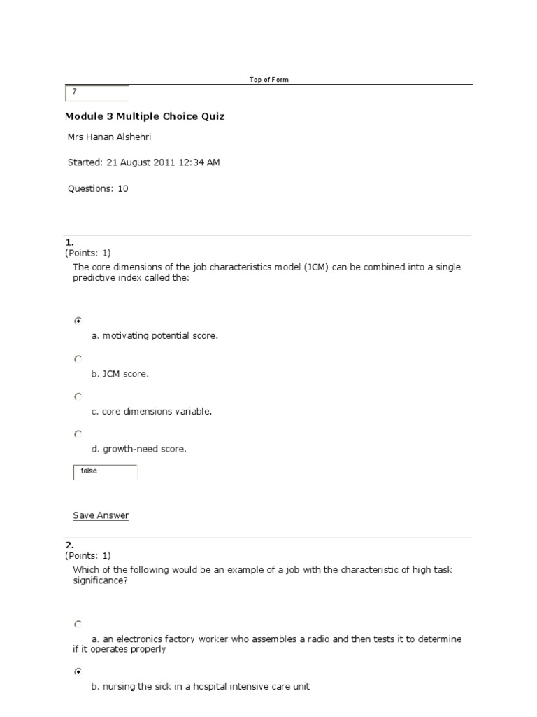 Module 3 Multiple Choice Quiz | PDF | Motivation | Motivational