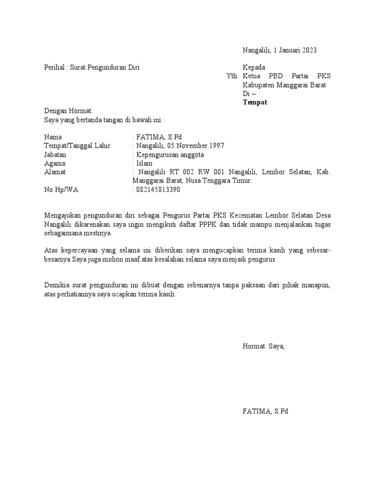 Surat Pengunduran Diri Dari Partai PKS | PDF