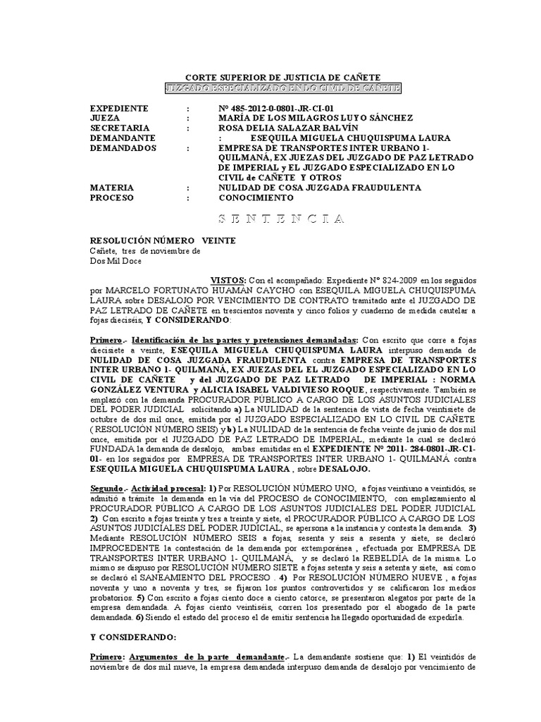 SENTENCIA Nulidad Acto Juridico | PDF | Ley procesal | Demanda judicial