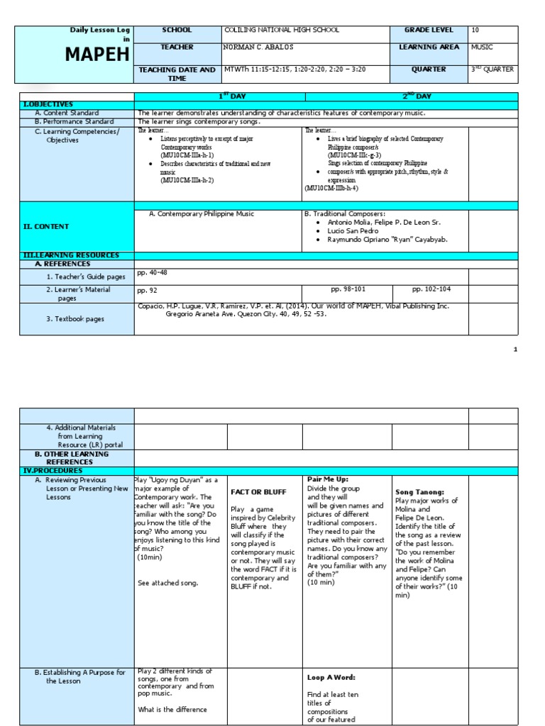 MAPEH 10 Quarter 3 Daily Lesson Log | PDF | Learning | Teachers