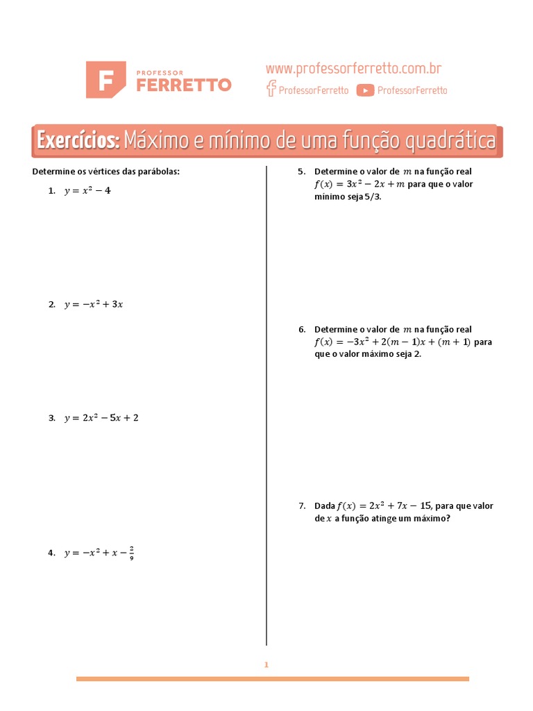 Exercícios Sobre Determinação De Vértices Máximos E Mínimos De Funções