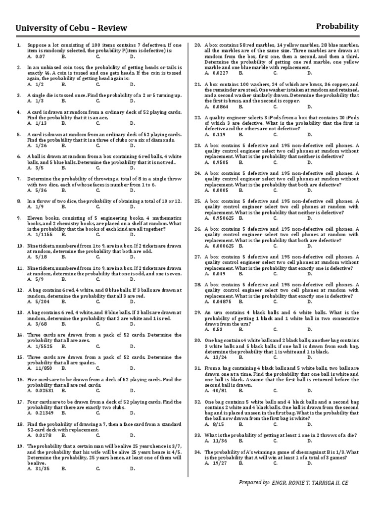Analysis of Probabilities Related to Defective Products, Random Selections from Groups, and Card ...