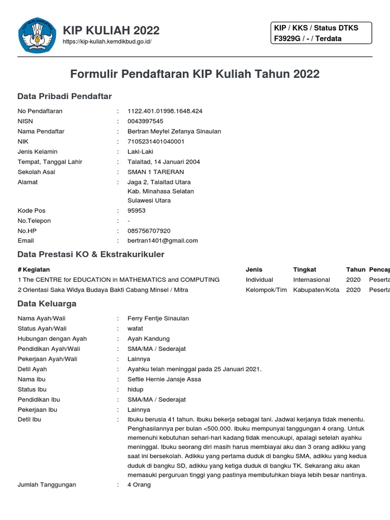 Formulir Peserta KIP Kuliah 2022 | PDF