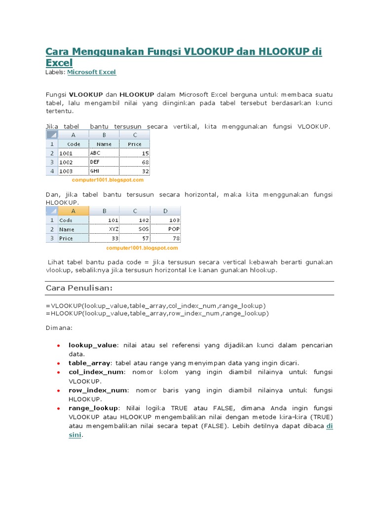 Cara Menggunakan Fungsi VLOOKUP Dan HLOO | PDF