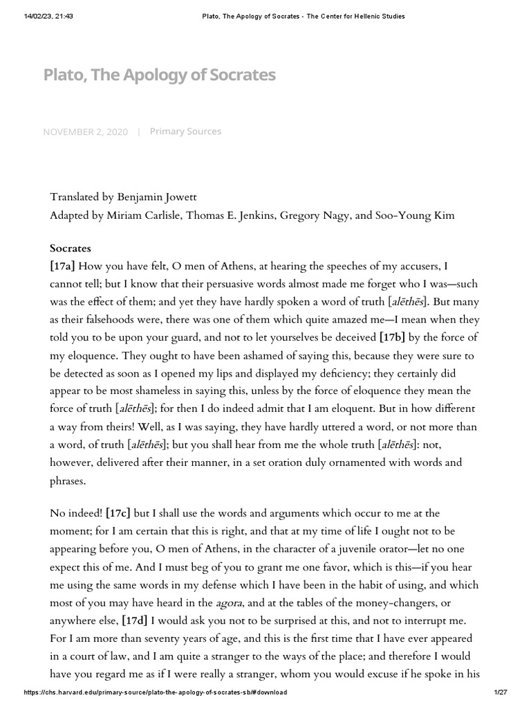 Plato, The Apology of Socrates - The Center For Hellenic Studies | PDF ...