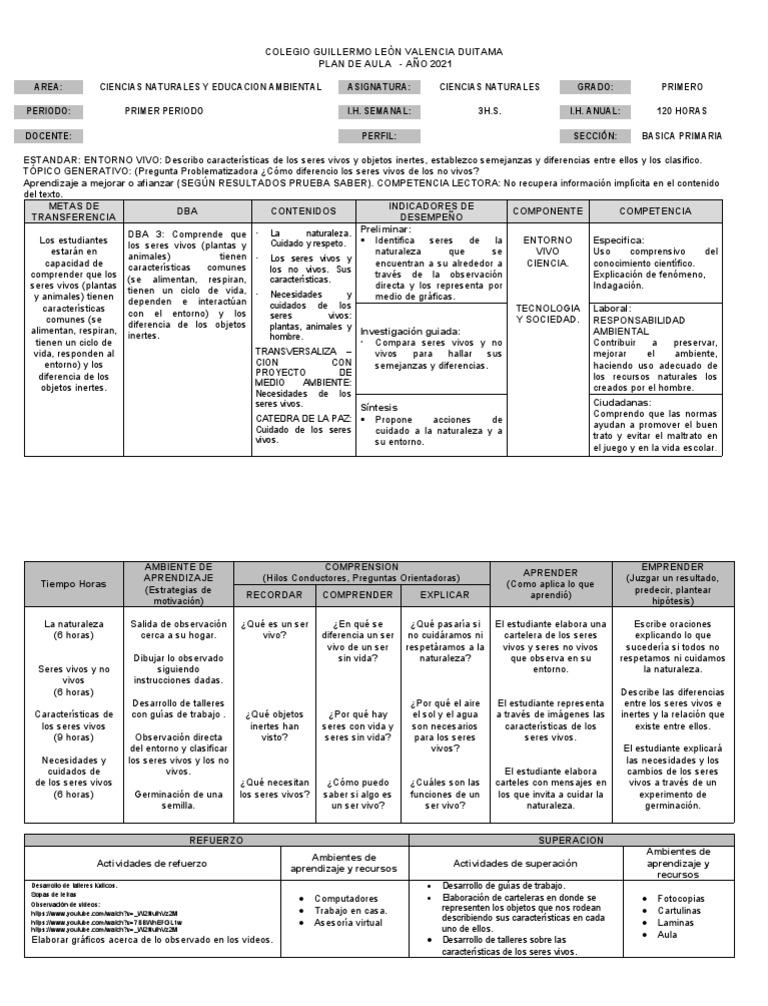 Grado 1 1P 2022 Plan Aula Ciencias Naturales | PDF | Aprendizaje ...