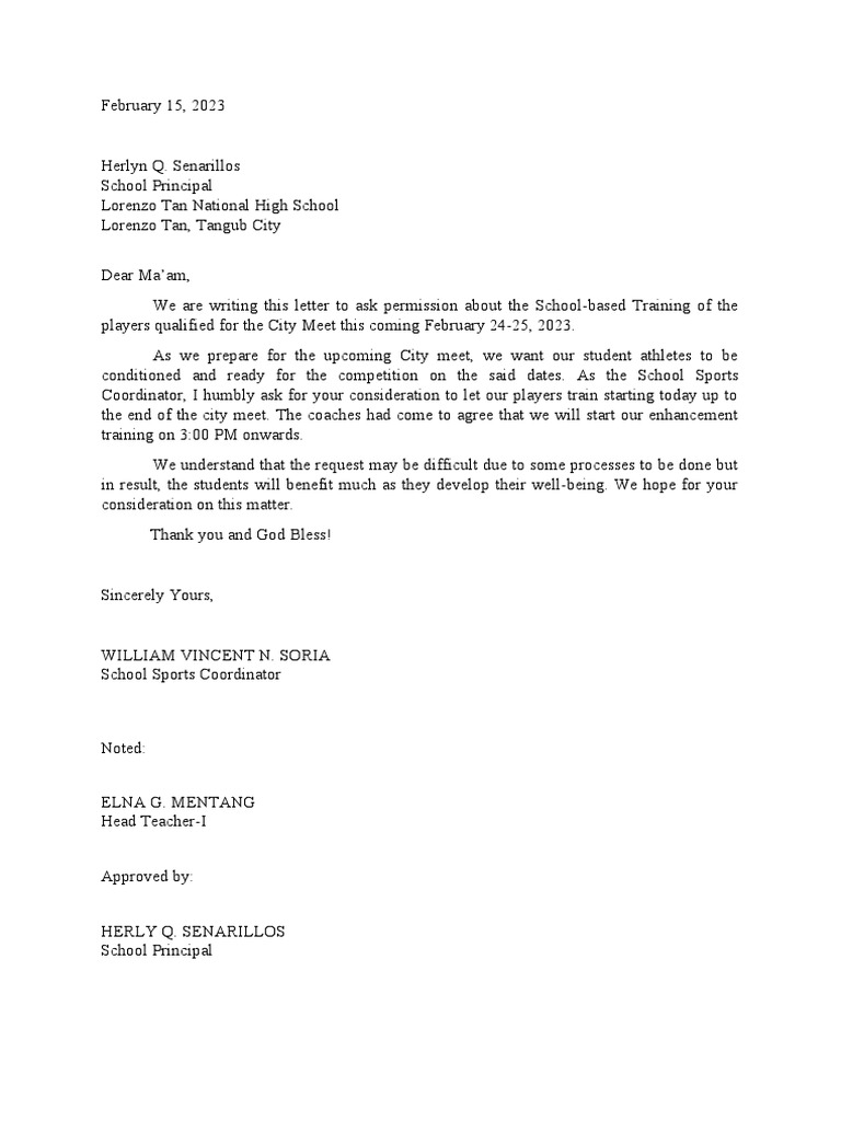 Request For Permission To Conduct After School Training Sessions In