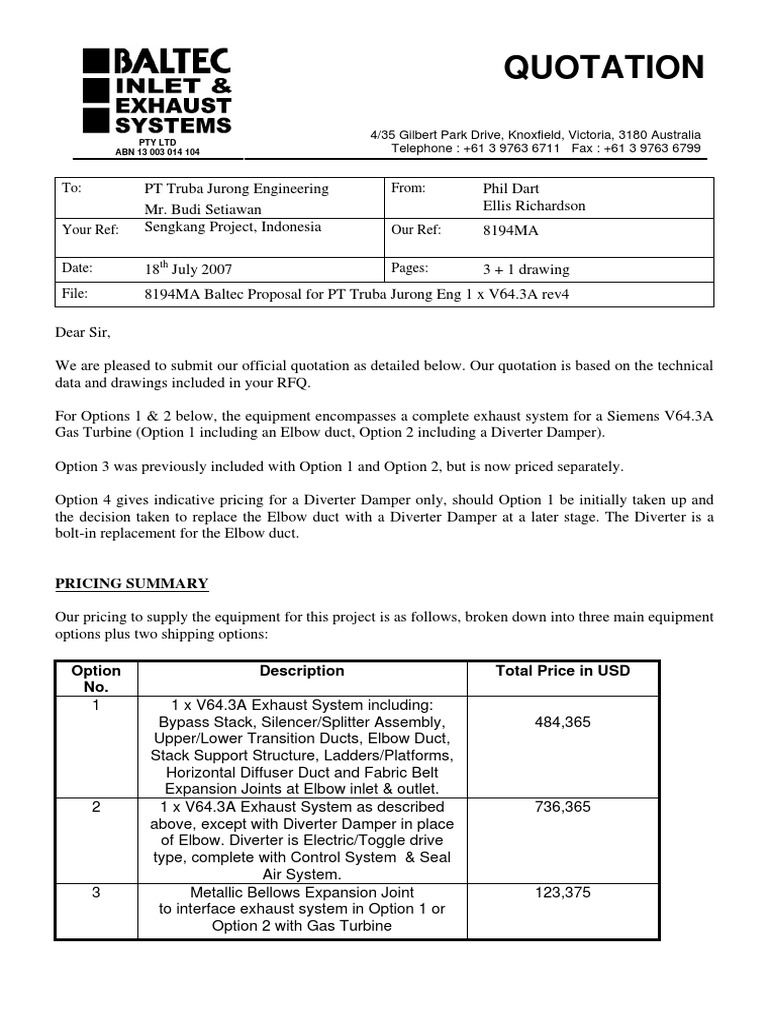 8194MA Baltec Proposal for PT Truba Jurong Eng 1 x V64.3A Rev4 | PDF ...