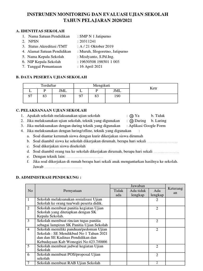 Instrumen Monev Ujian Sekolah Tahun Pelajaran 2020 SMPN 1 Jatipurno | PDF