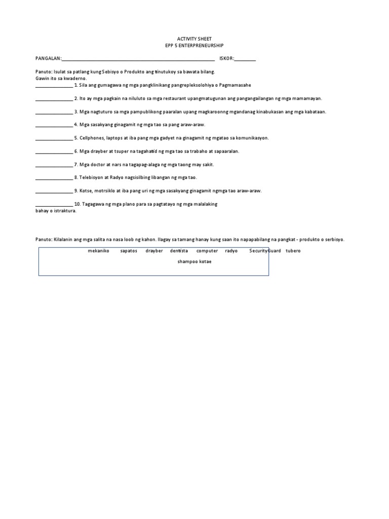 Activity Sheet Epp | PDF