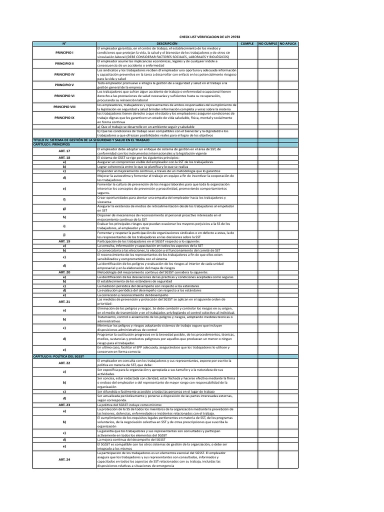 Formato - Checklist Ley 29783.Xlsx - Hojas de Cálculo de Google | PDF ...