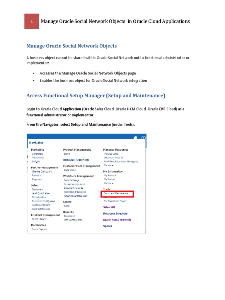 Enable Social Objects From Functional Setup Manager Pdf Cloud Computing Oracle Corporation 