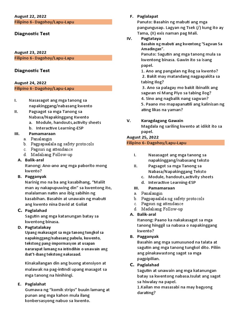 Filipino 6 Lesson Plan Week 1 | PDF