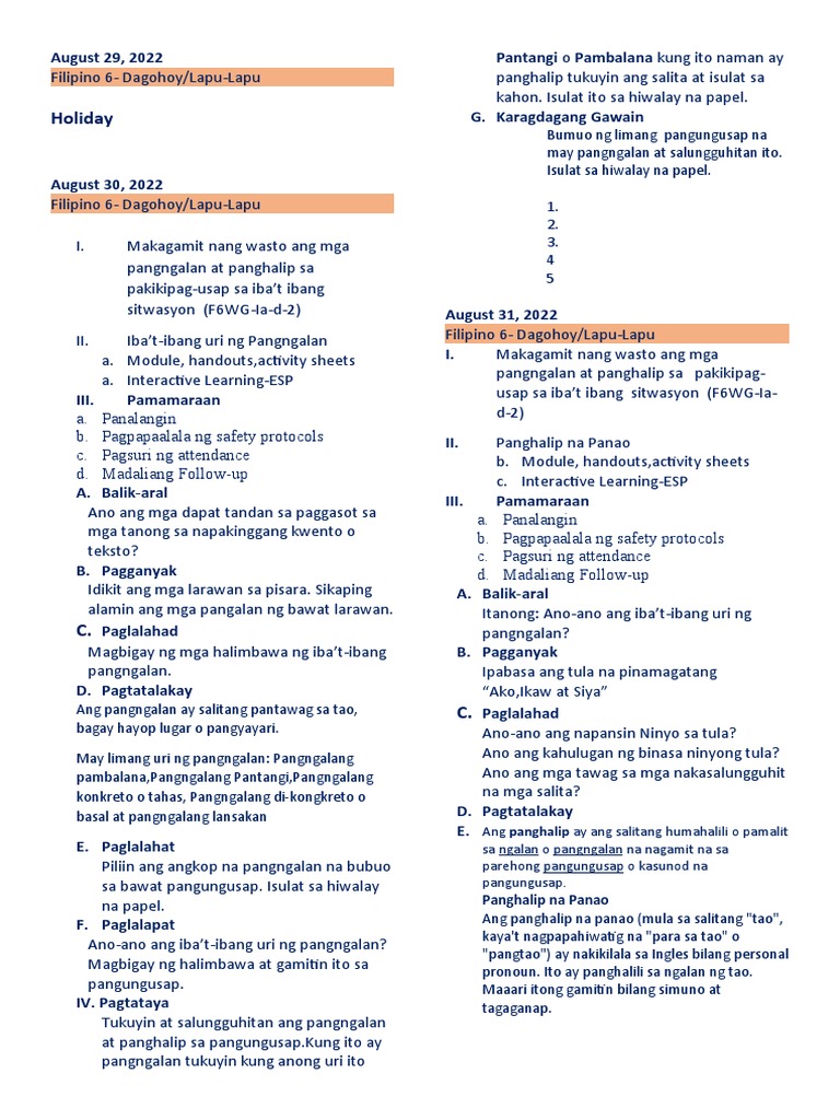 Filipino 6 Lesson Plan Week 2 | PDF