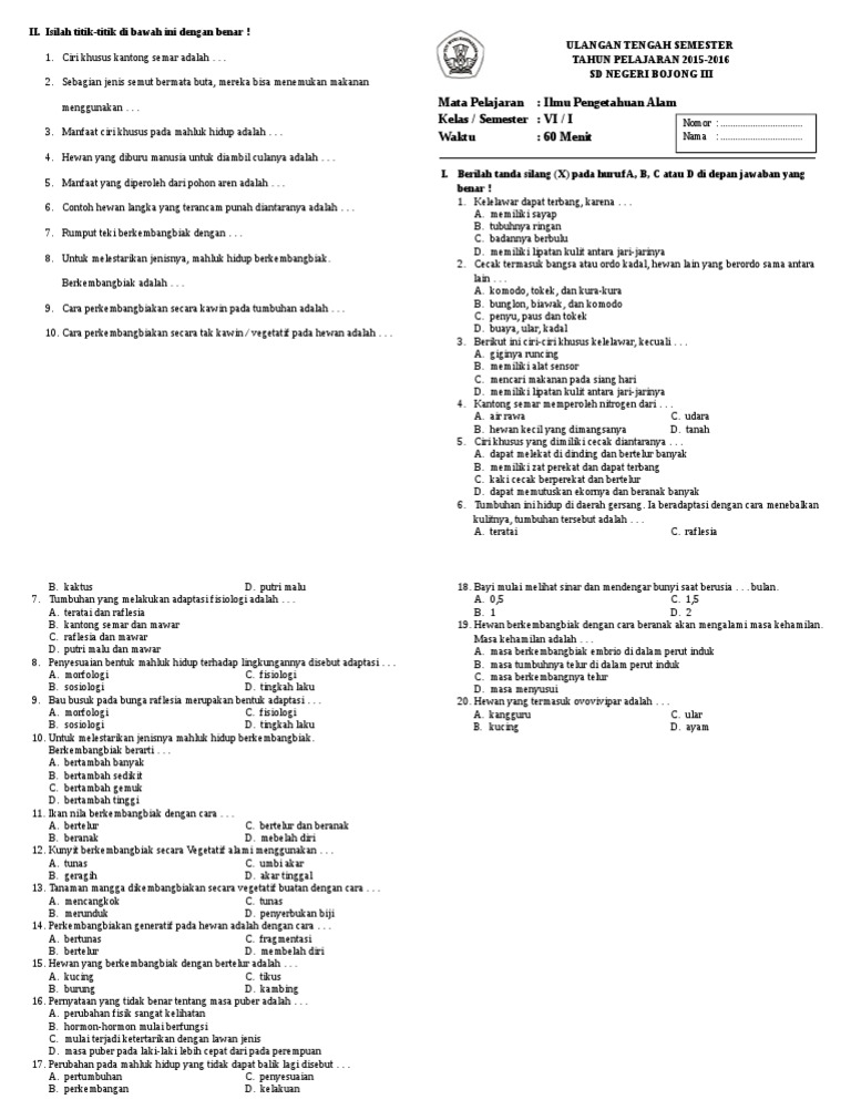 Soal Ipa Kls 6 SMT 2 Uas | PDF