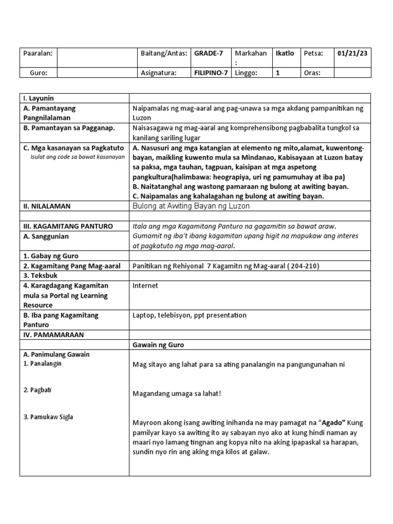 Lesson Plan in Filipino | PDF