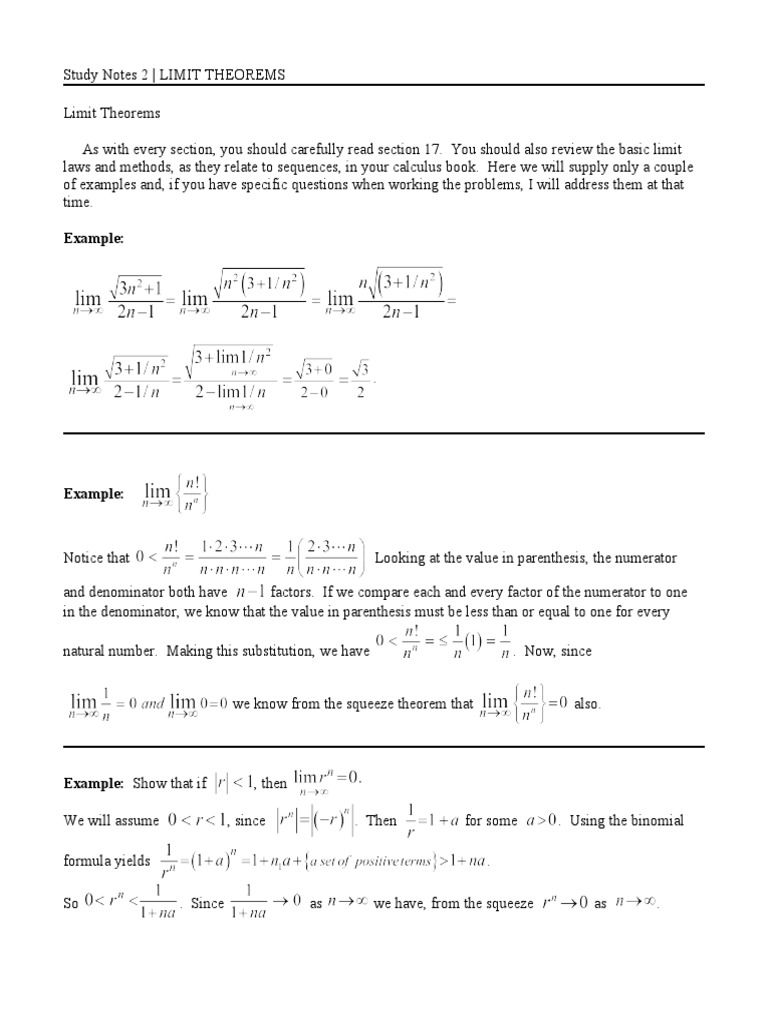 Limit Theorems Examples Of Applying The Squeeze Theorem To Determine Limits Of Sequences Pdf 