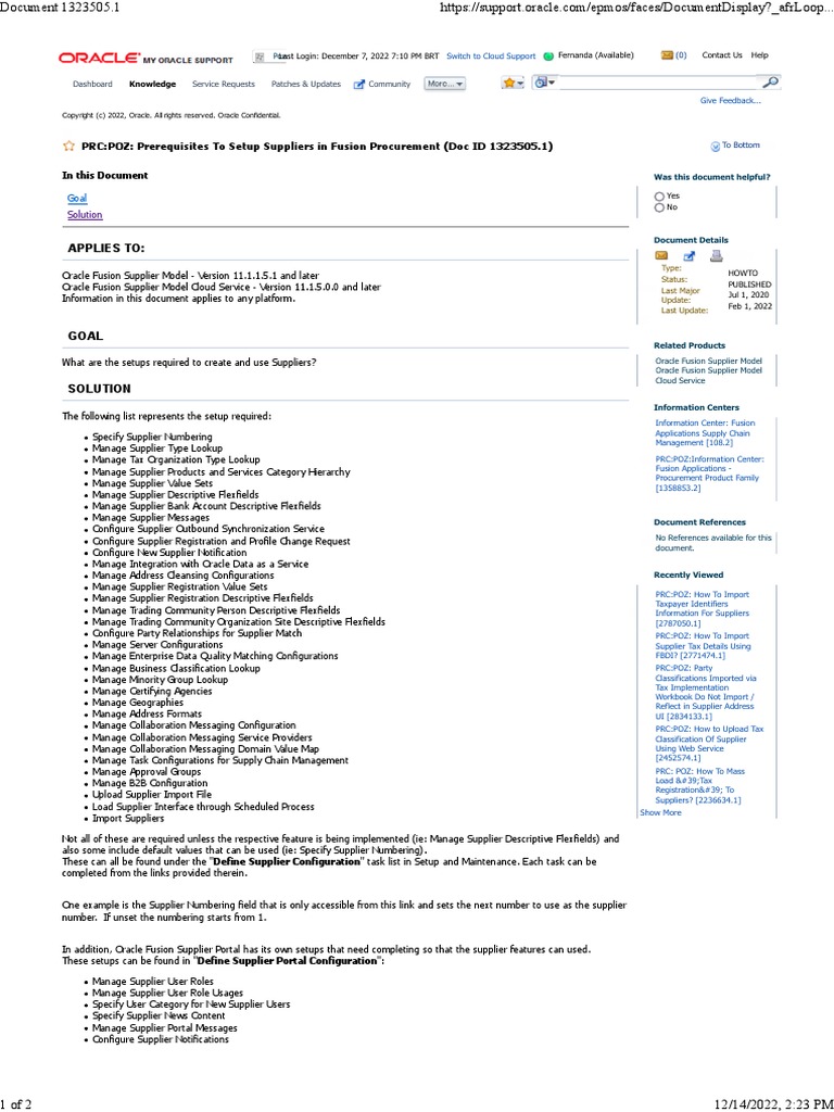 Document 1323505 Prerequisition For Implement Supplier | PDF | Cloud Computing | Oracle Corporation