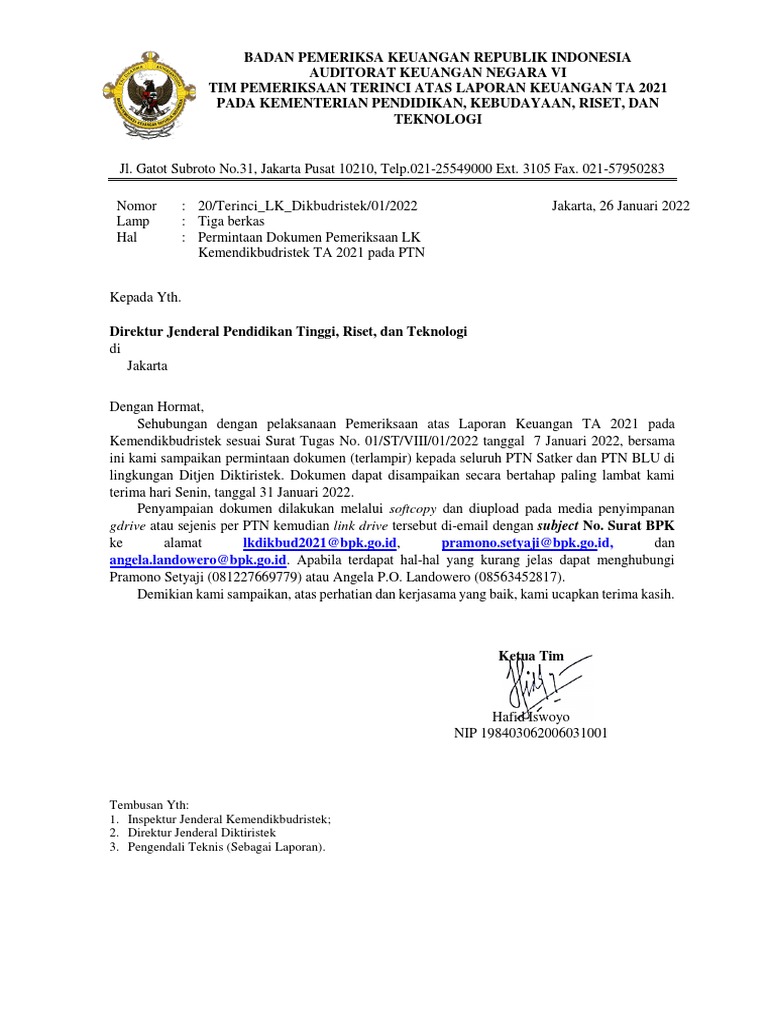 20.surat Permintaan Dokumen PTN Diktiristek | PDF