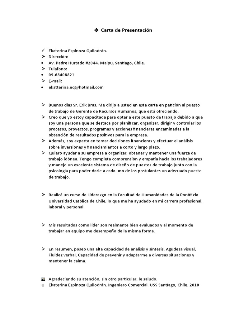 Carta de Presentación. Jafeth Rivera | PDF