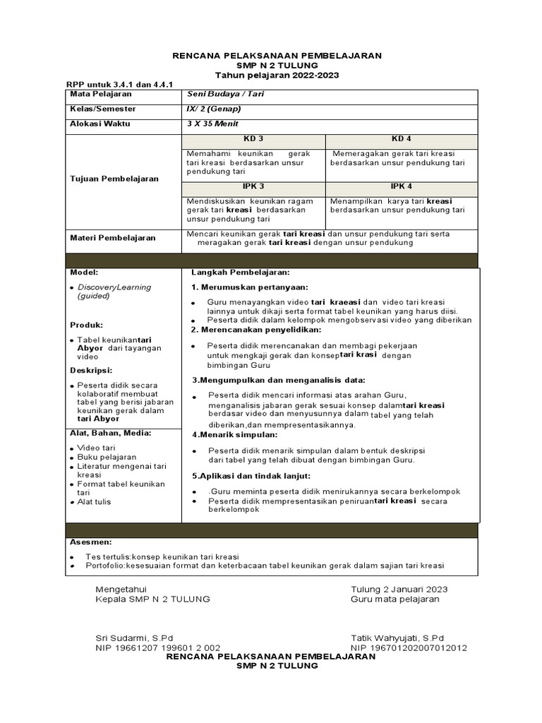 RPP Kelas 9 Seni Tari | PDF