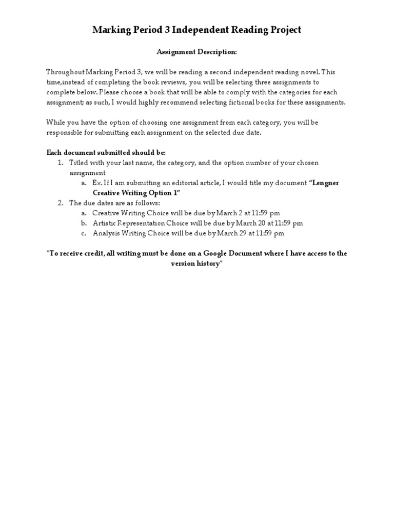 Marking Period 3 Reading Project Guide | PDF | Thought | Essays