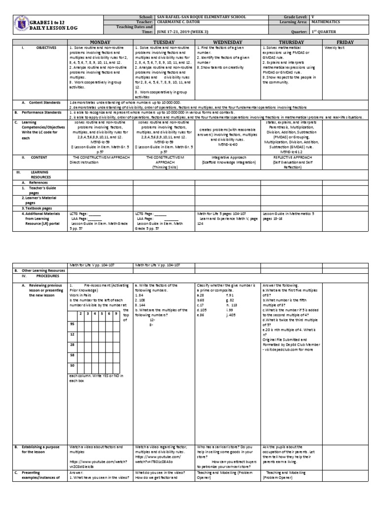 Grade 5 DLL MATH 5 Q1 Week 3 | PDF | Mathematics | Constructivism ...