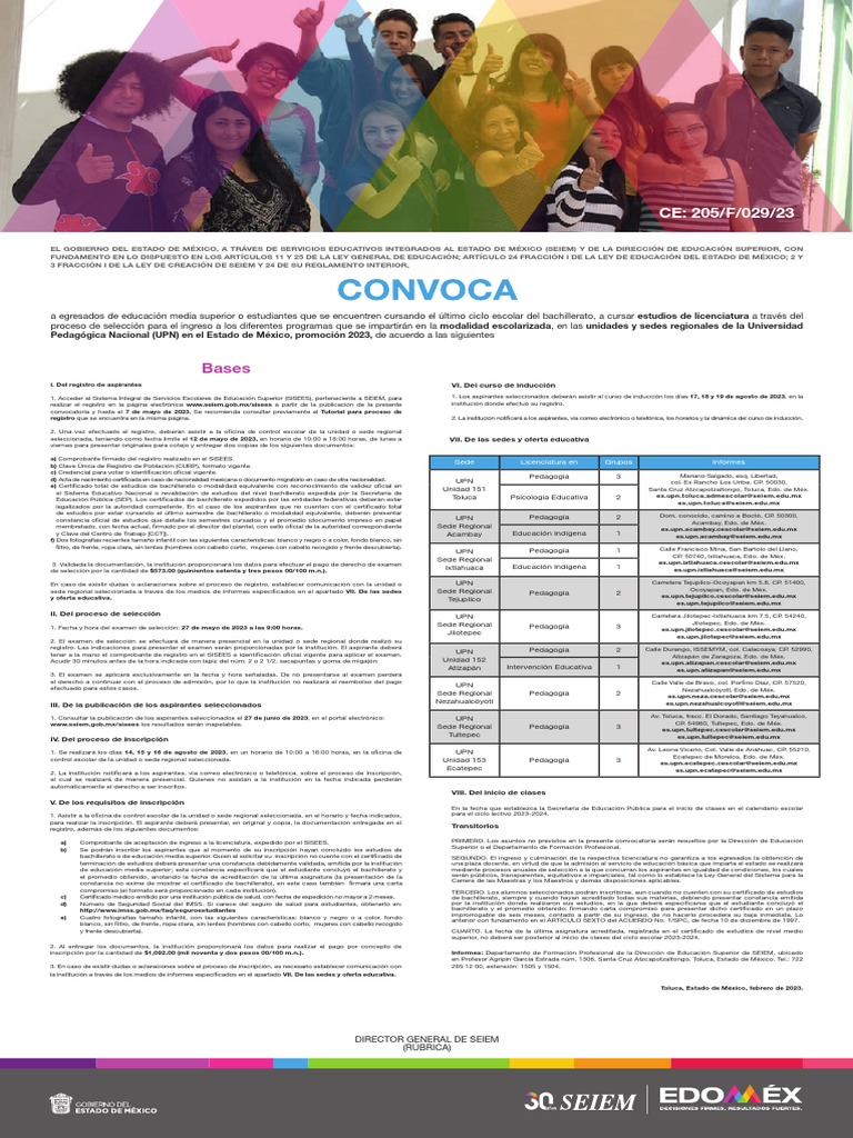 Convocatoria para ingresar a la Universidad Pedagógica Nacional, Unidad 151 Toluca | PDF ...