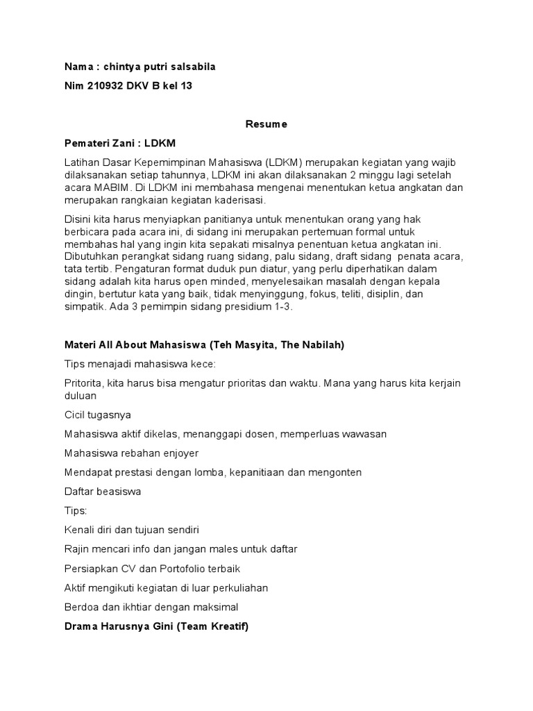 Nama: Chintya Putri Salsabila Nim 210932 DKV B Kel 13 Resume Pemateri Zani: LDKM | PDF