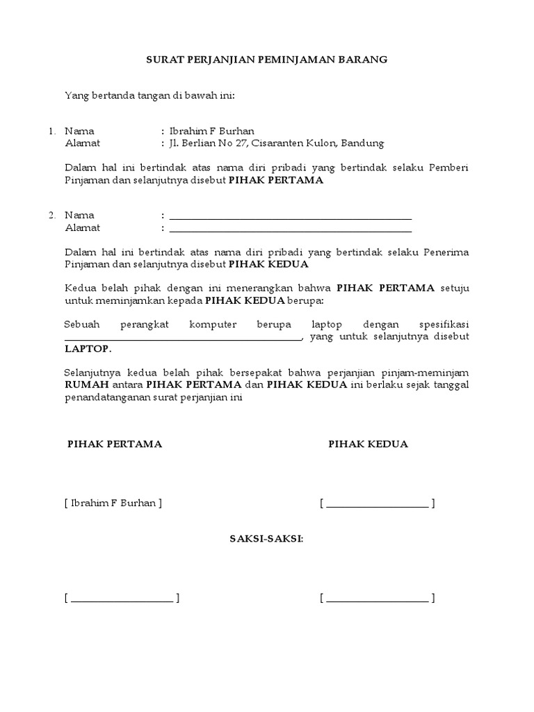 Surat Perjanjian Pinjaman Laptop | PDF