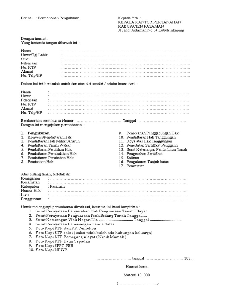 Contoh Surat Permohonan Ke BPN | PDF