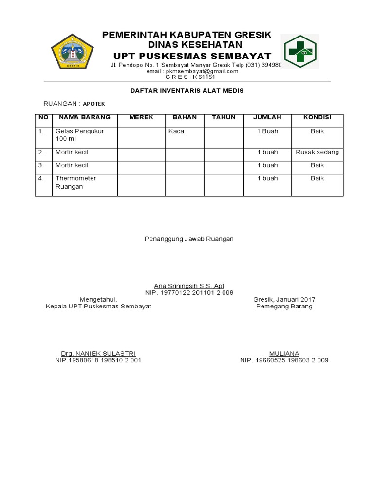 Kartu Inventaris Ruangan Apotek | PDF