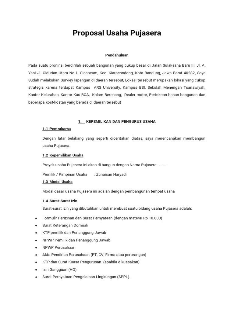 Proposal Usaha Pujasera Bandung | PDF