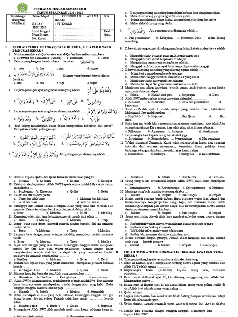 3. SOAL PTS PAI KLS VI SMT 2 | PDF