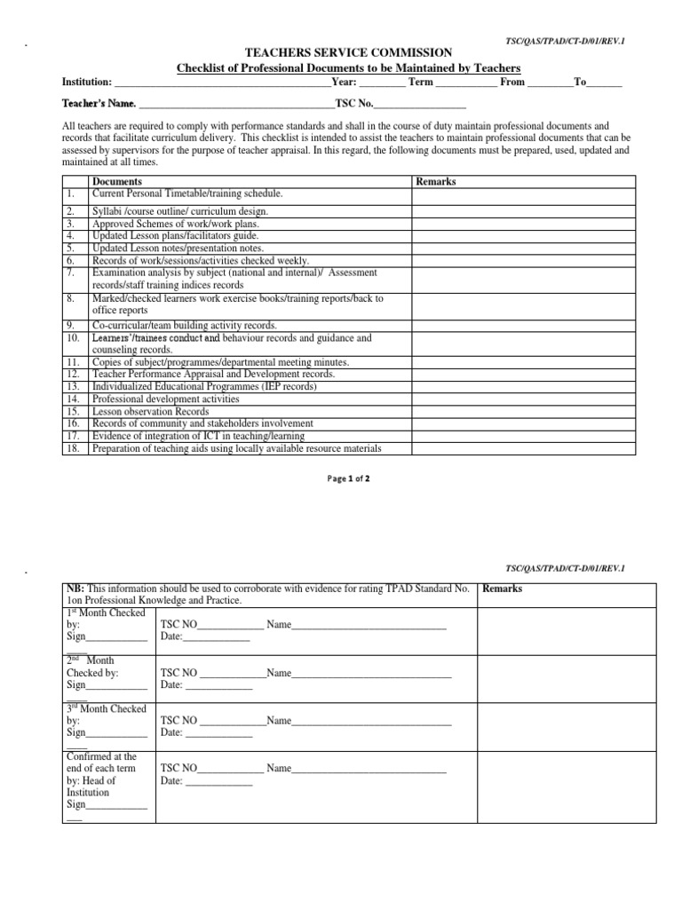 Checklist of Professional Documents To Be Maintained by Teachers | PDF ...