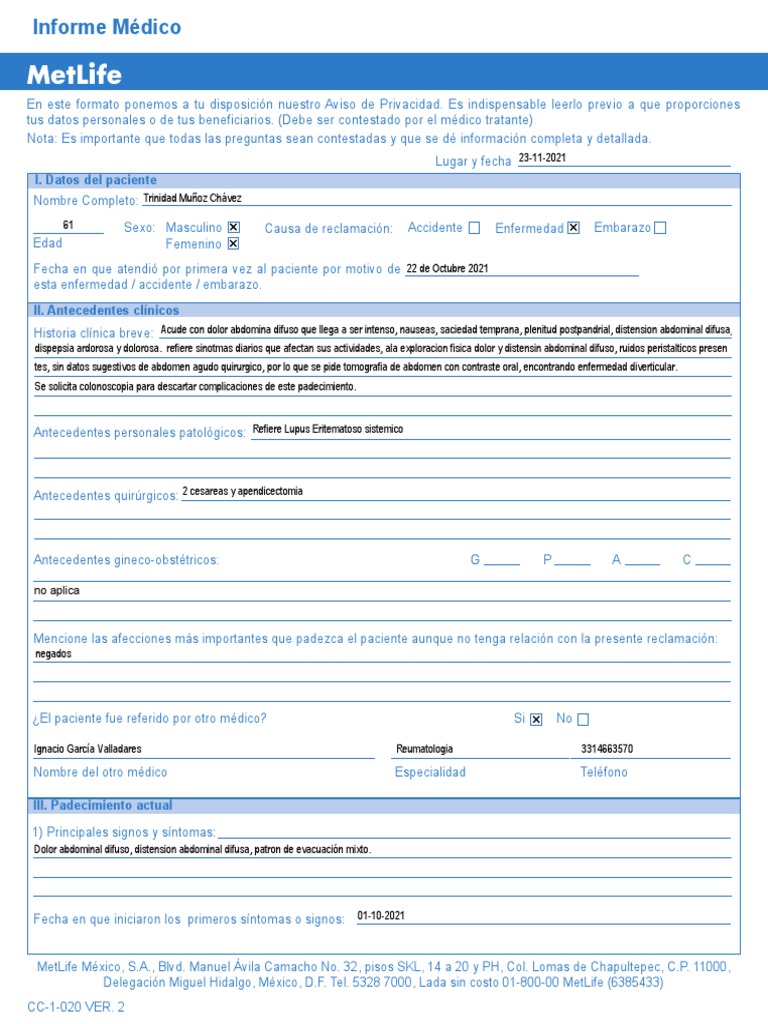 METLIFE Informe Medico | Descargar gratis PDF | Privacidad de la ...