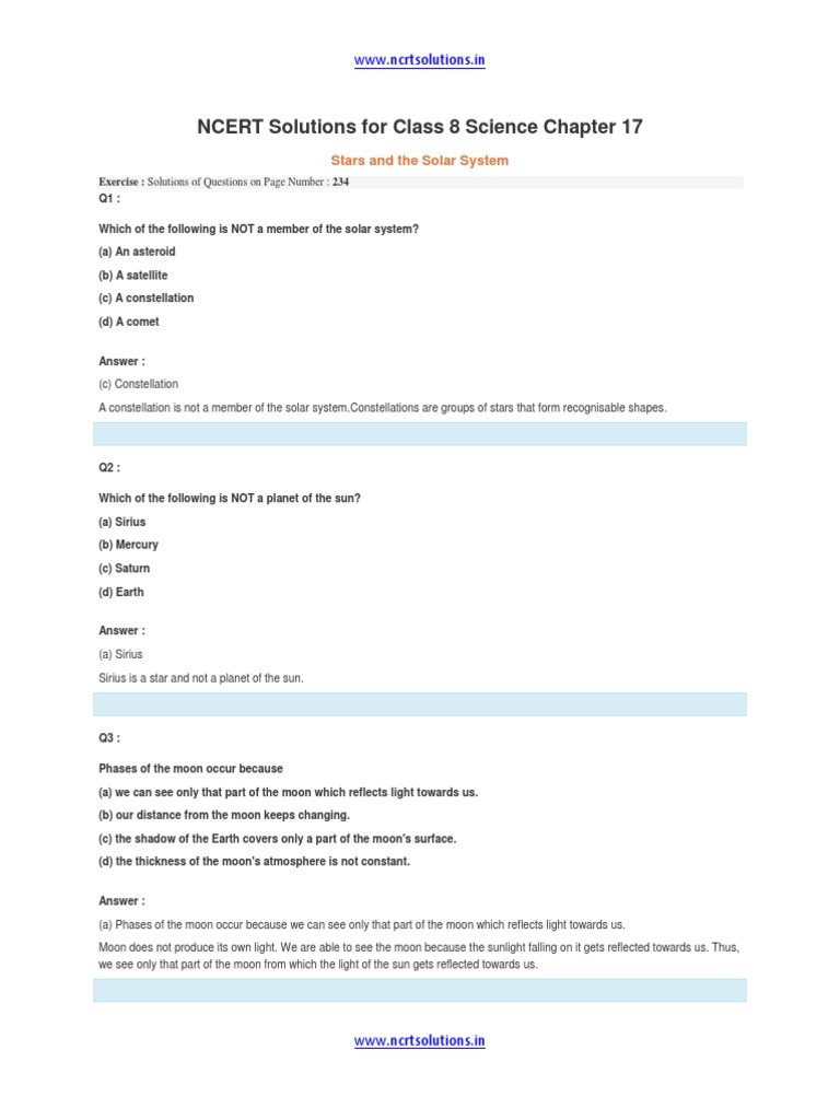 NCERT Solutions For Class 8 Science Chapter 17 | PDF | Solar System ...