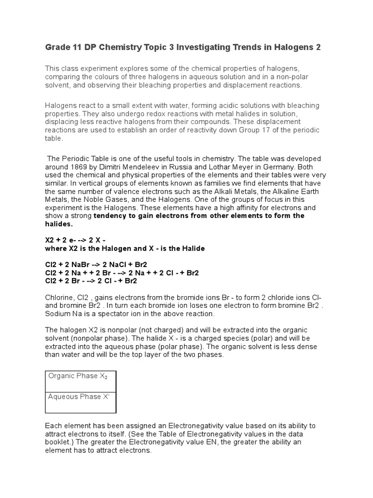 Grade 11 DP Chem Topic 3 Trends in Halogens Lab Student Version 2 | PDF ...