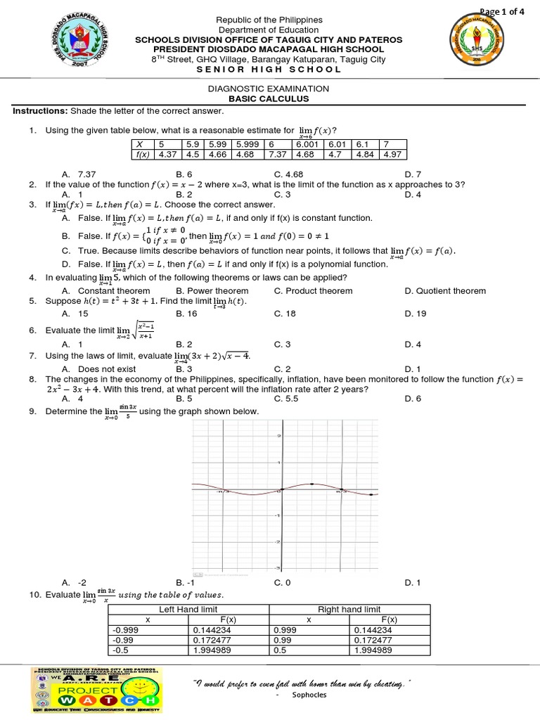 Calculus Diagnostic Exam | PDF | Derivative | Tangent