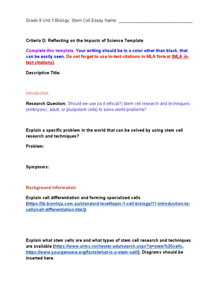 Grade 9 - Stem Cell Criteria D - Reflecting On The Impacts of Science ...