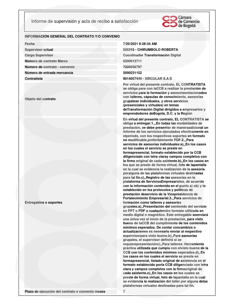 64 Informe de Supervision y Recibido A Satisfaccion - Contrato - 6200012711 - Descripcion - LOS ...