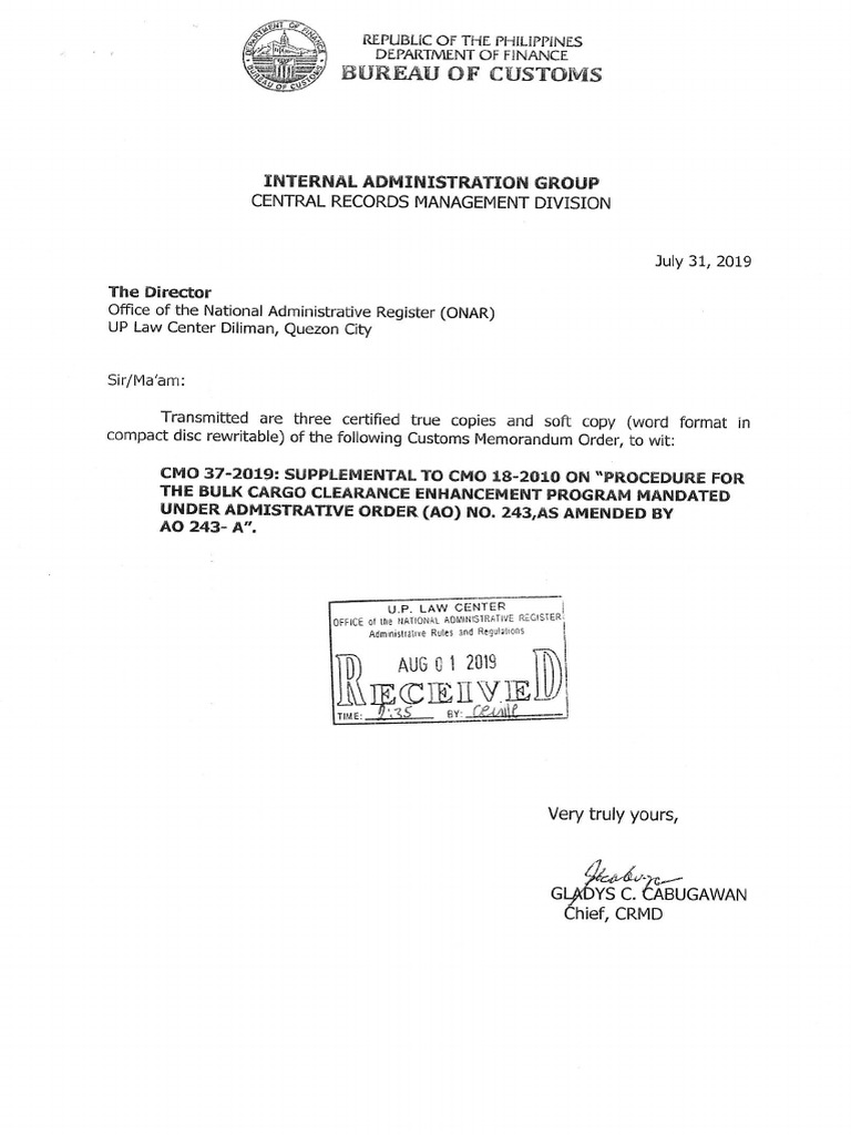 Cmo-37-2019-Supplemental To CMO 18-2010 On - Procedure For The-Bulk Cargo Clearance | PDF