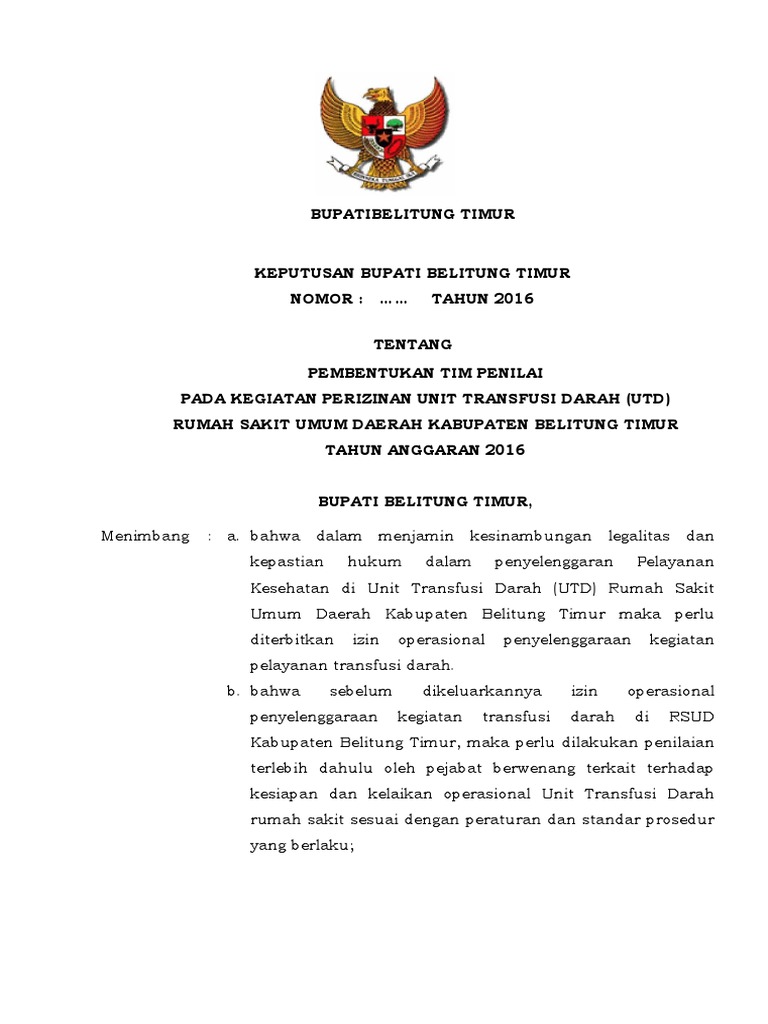 SK TIM Penilaii Izin Operasional UTD | PDF