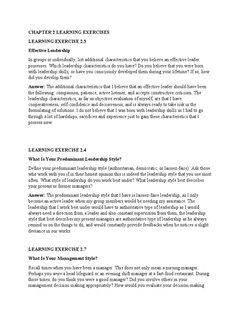 Chapter 2 Learning Exercises | PDF | Leadership | Nursing
