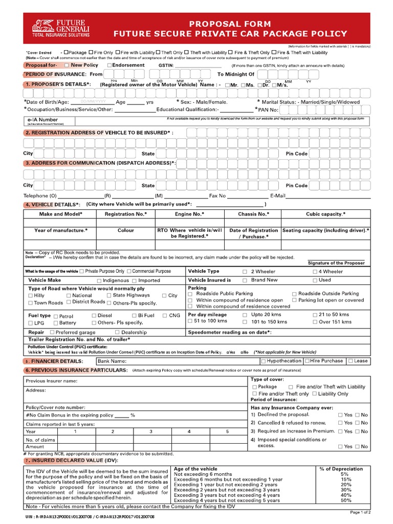 Future Secure Private Car Proposal Form | PDF