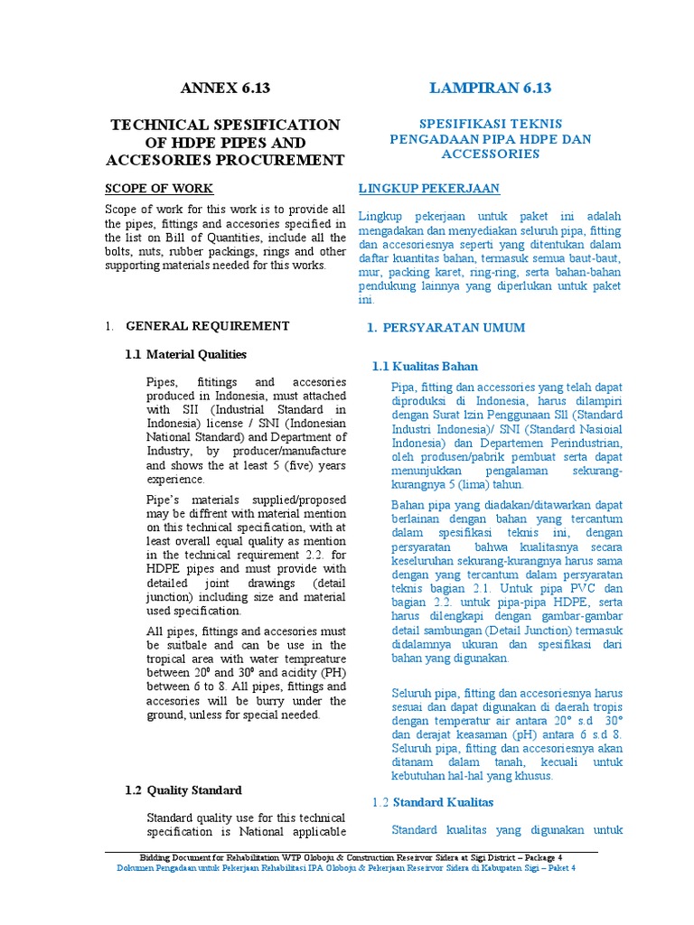 6.13 Annex Technical Spesification of Hdpe Pipes and Accesories Procurement | PDF