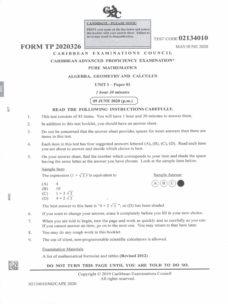 CAPE Pure Mathematics U1 P1 2020 | PDF