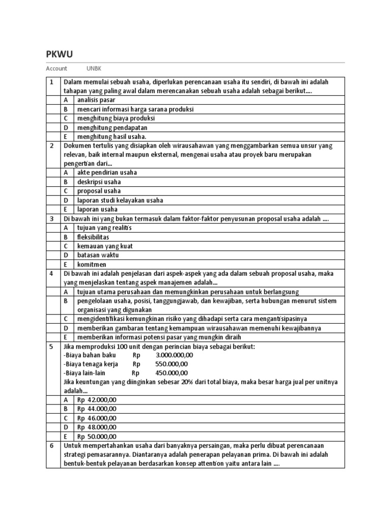 Template Soal PKWU | PDF | Bisnis